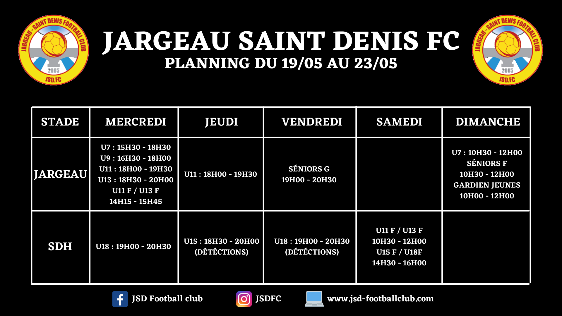 Planning de la semaine – JSD Football Club